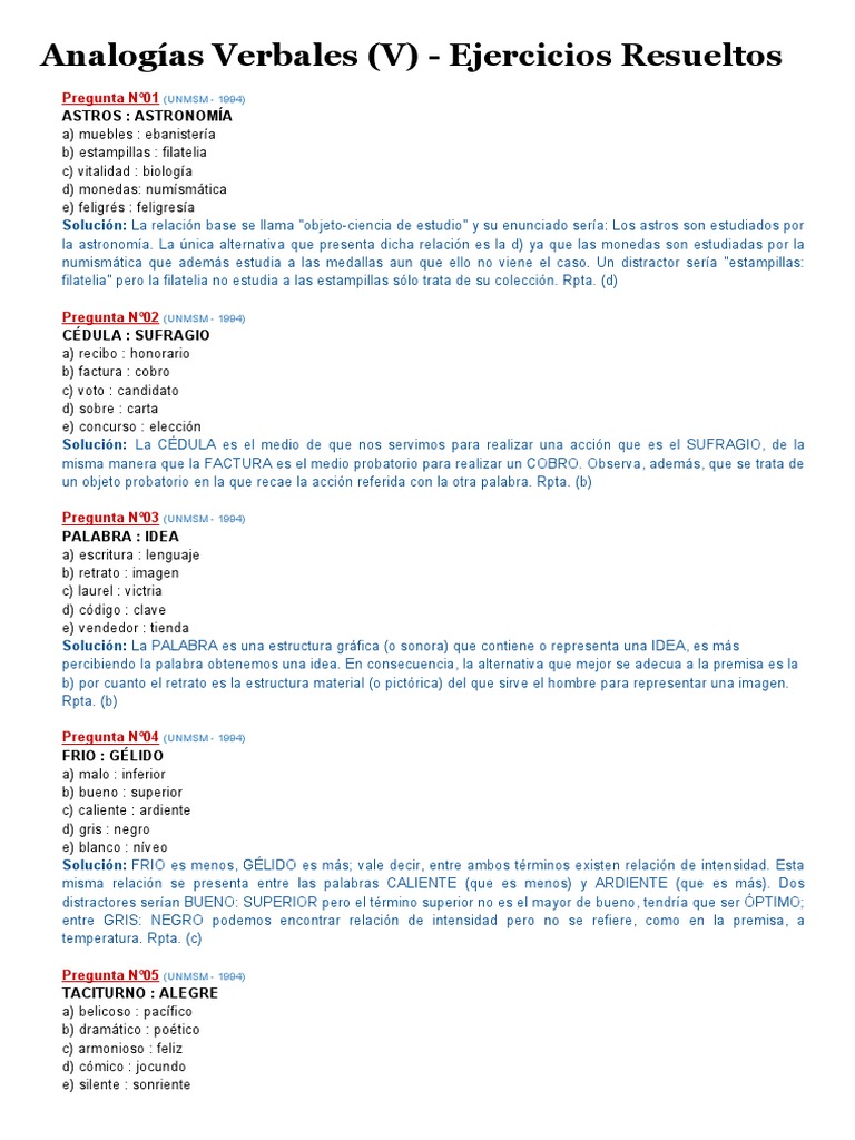 Analogías Verbales Ejercicios Resueltos 1 | PDF