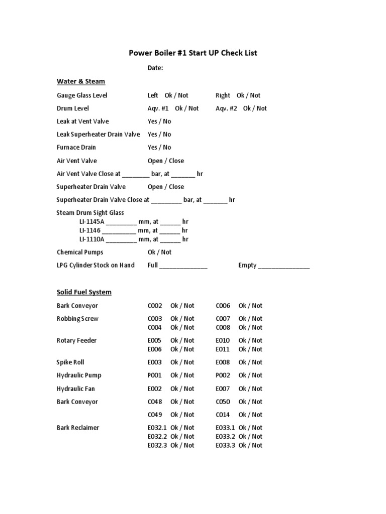 PB1 Start Up Check List | PDF | Boiler | Valve