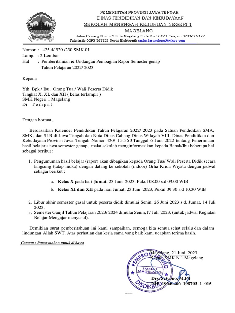 Surat Edaran Pembagian Rapor Semester Genap 2223 | PDF