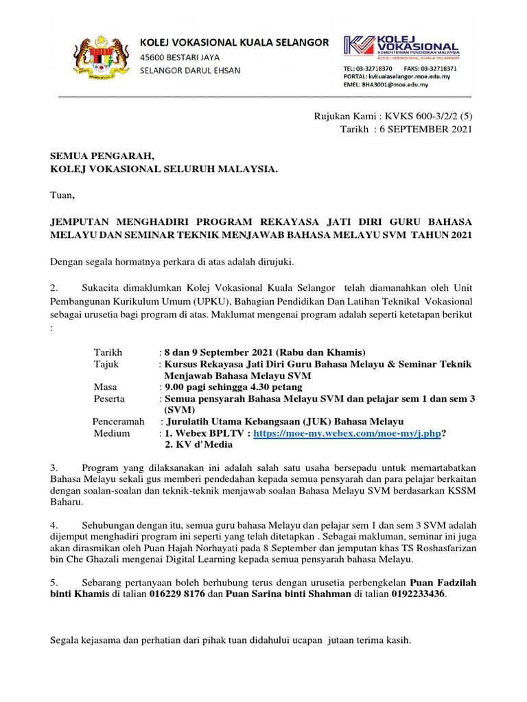 Surat Jemputan Semua Pengarah KV | PDF