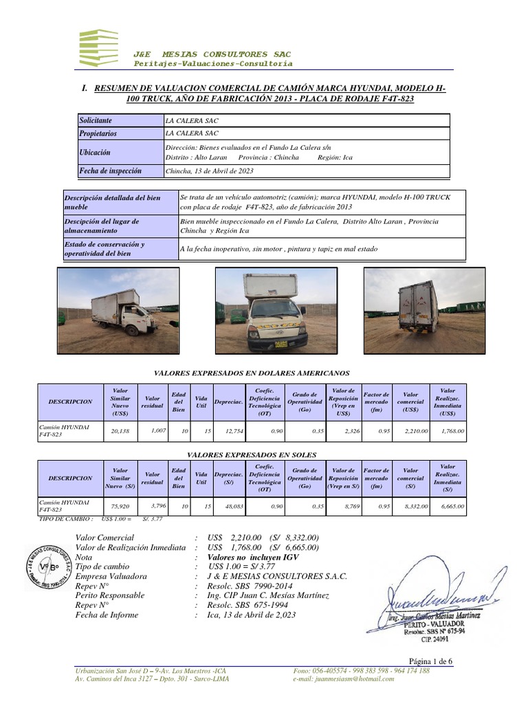 La Calera Sac -Camion Hyundai f4t-823 | PDF | Valoración (Finanzas) | Economias