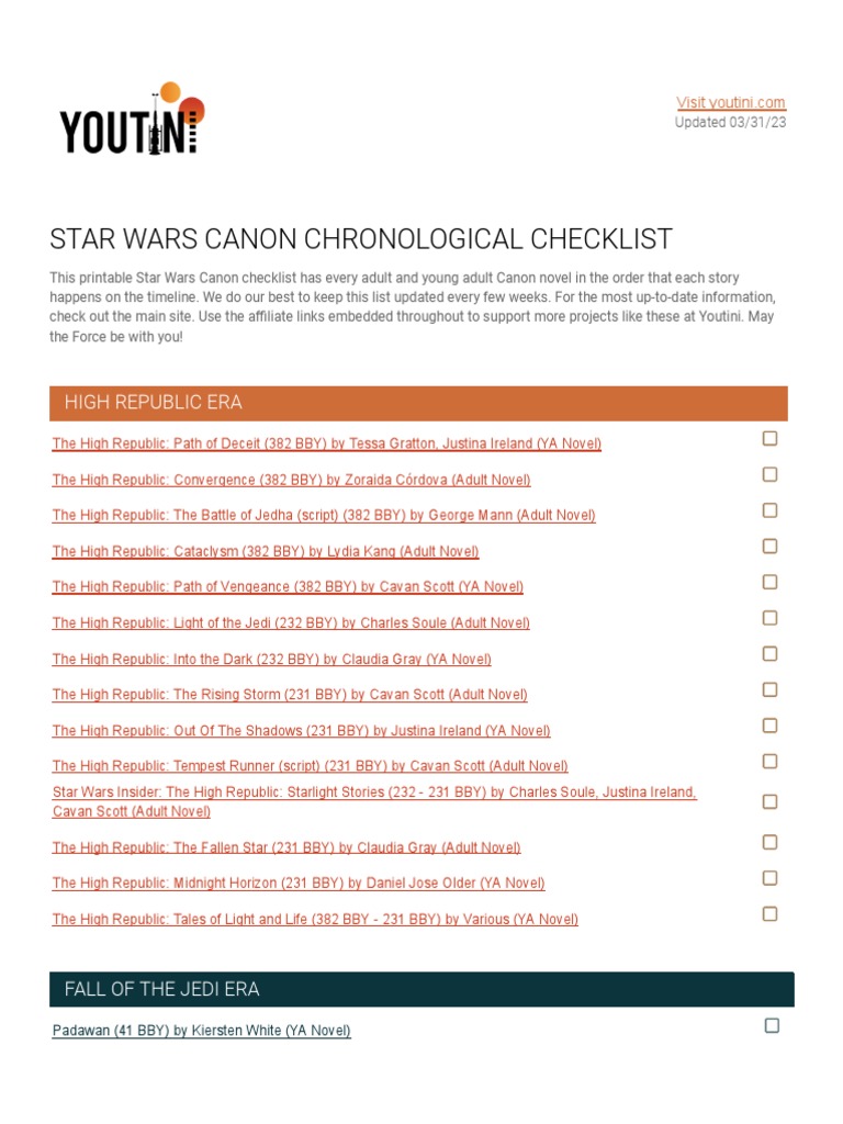 Printable Canon Chronological Checklist PDF | PDF | Star Wars | Jedi