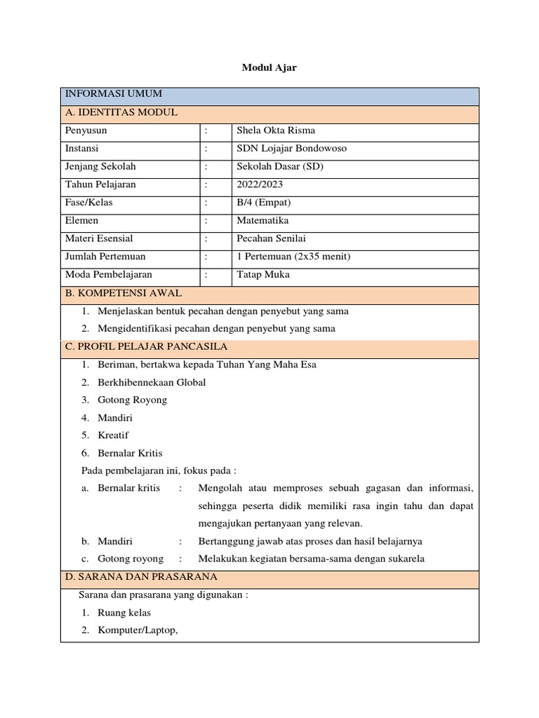 Modul Ajar Kelas 4 Pecahan Senilai | PDF