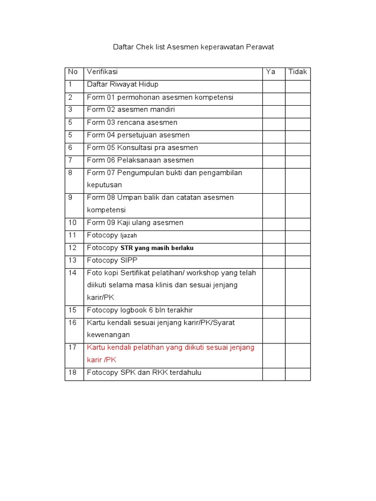 Daftar Chek List Asesmen Kompetensi Contoh Wati | PDF