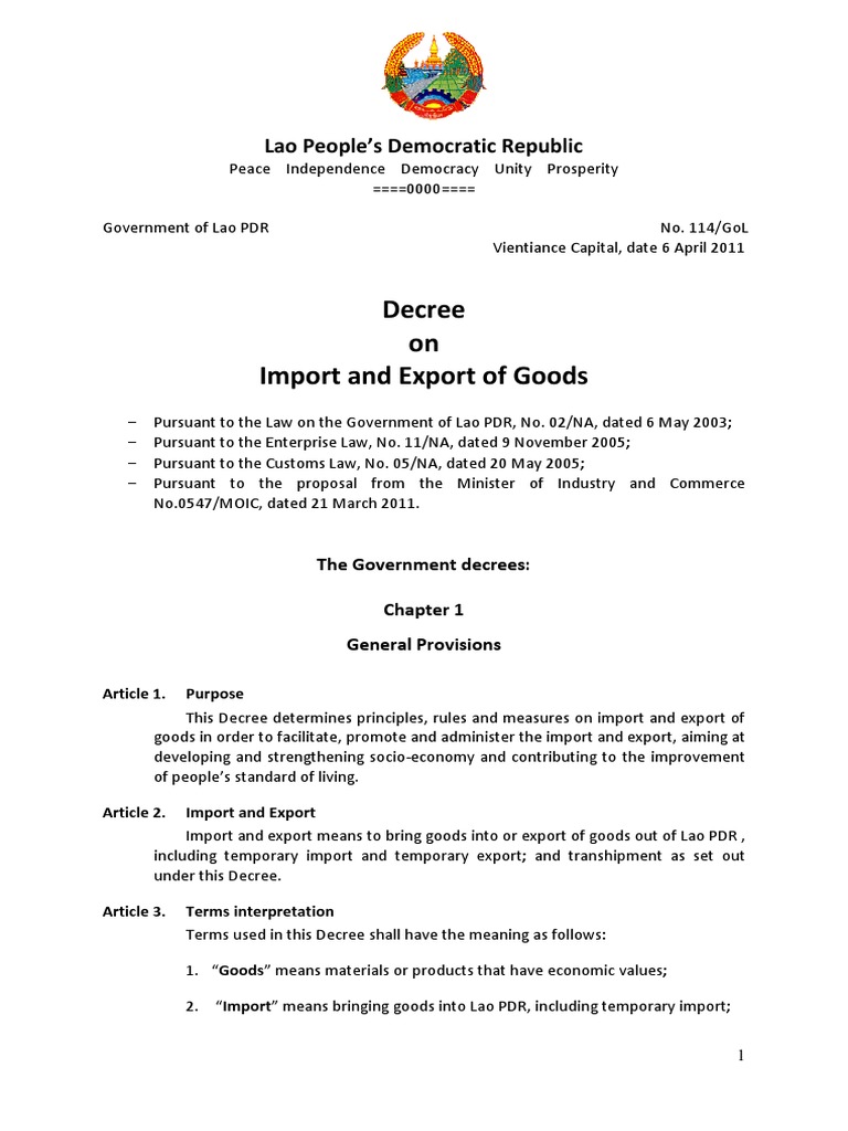 Lao PDR Import and Export Decree 2011 | PDF | Government | Justice