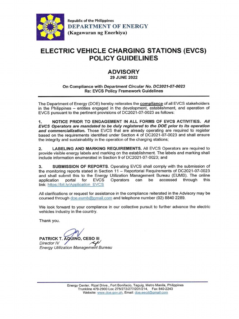 Advisory on Electric Vehicle Charging Station (EVCS) Policy Guidelines | PDF