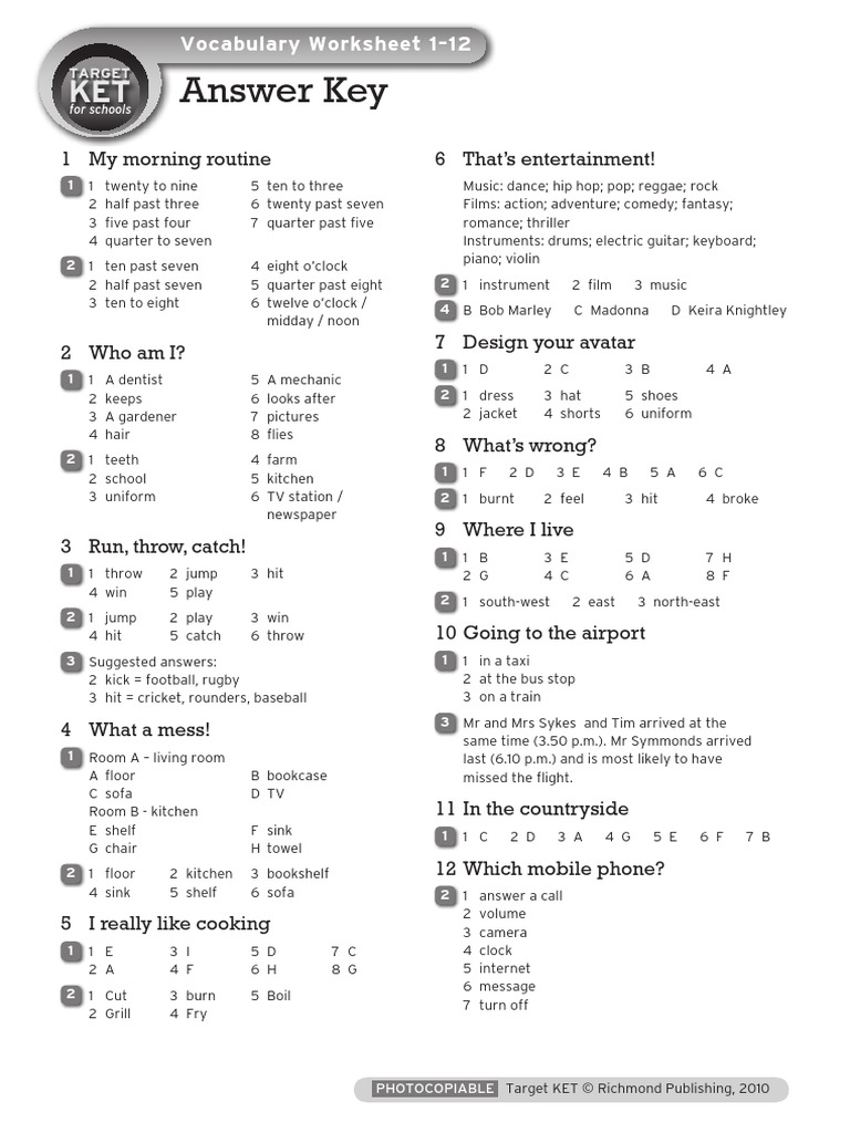 Answer Key Vocabulary Worksheet 1 12 KET | PDF
