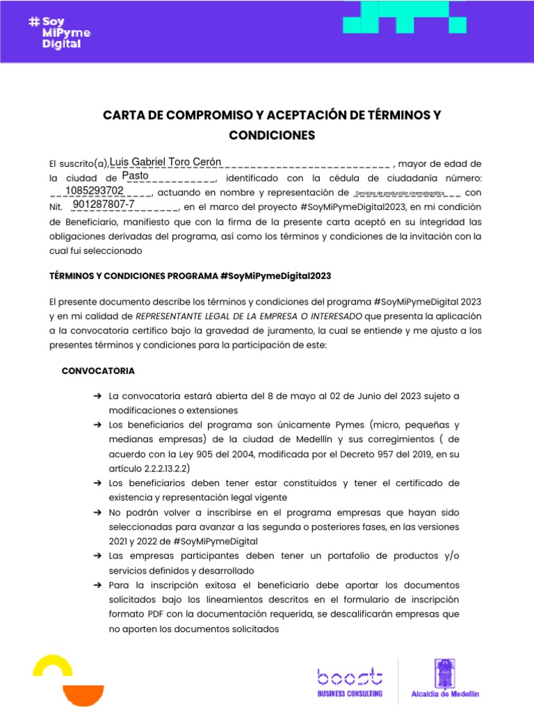 Carta de Compromiso y Aceptacion de Terminos y Condiciones 2023 | PDF | Pequeñas y medianas ...