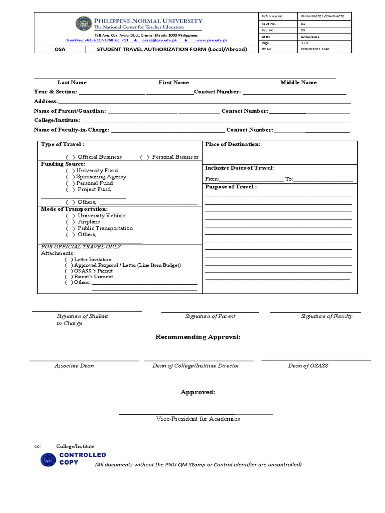 Student-Travel-Authorization-Form-Unprotected-1 | PDF | Transport