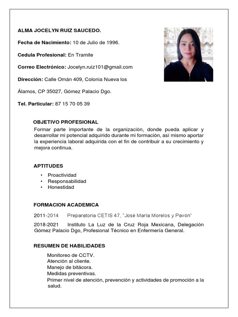 CV Jocelyn Ruiz | Descargar gratis PDF | Enfermería | Cuidado de la salud