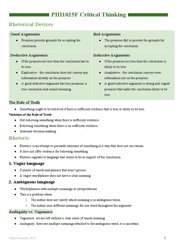 PHI1025F - Critical Thinking Notes | PDF | Argument | Deductive Reasoning