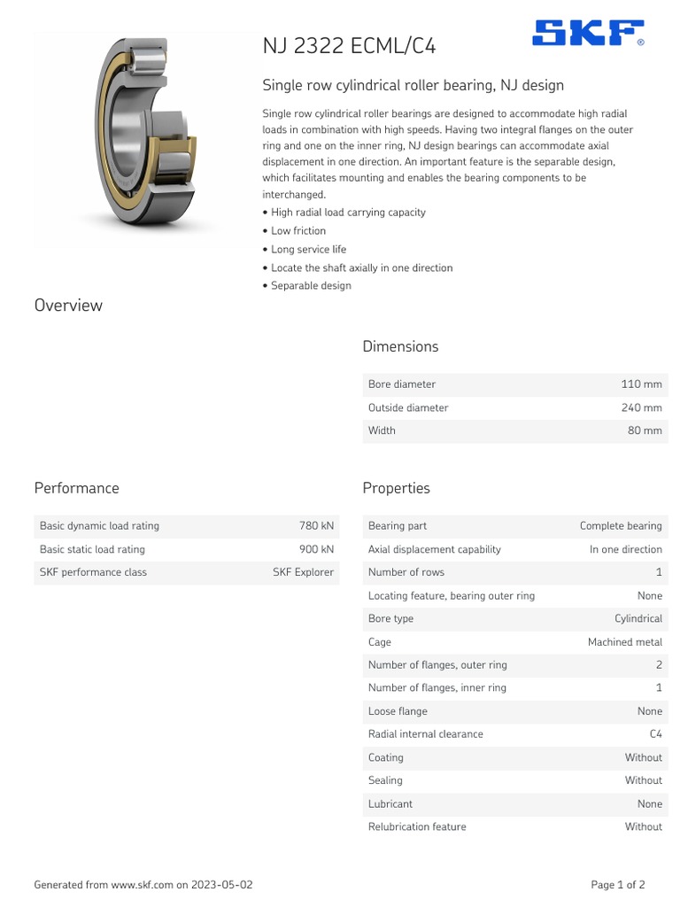 SKF NJ 2322 ECML - C4 Specification | PDF | License | Bearing (Mechanical)