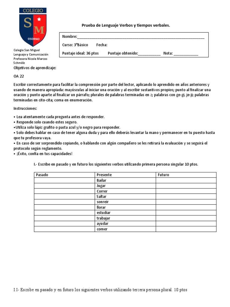 Prueba de Lenguaje Tiempos Verbales | PDF | Verbo | Comunicación humana