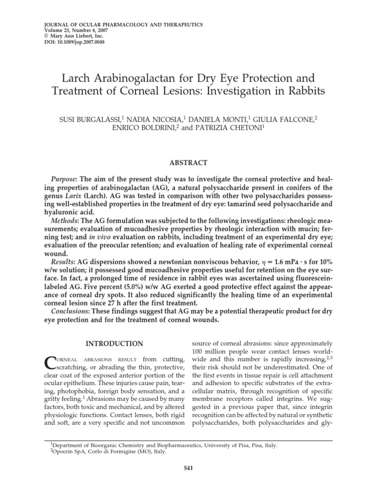 Larch Arabinogalactan For Dry Eye Protection and Treatment of Corneal ...