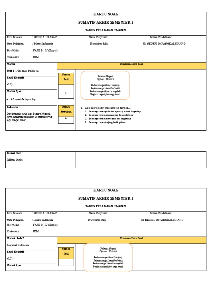 KARTU SOAL SAS - B.Indo | PDF
