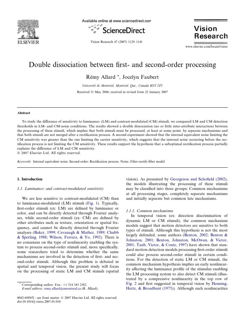 Double Dissociation Between First - and Second-Order Processing | PDF ...