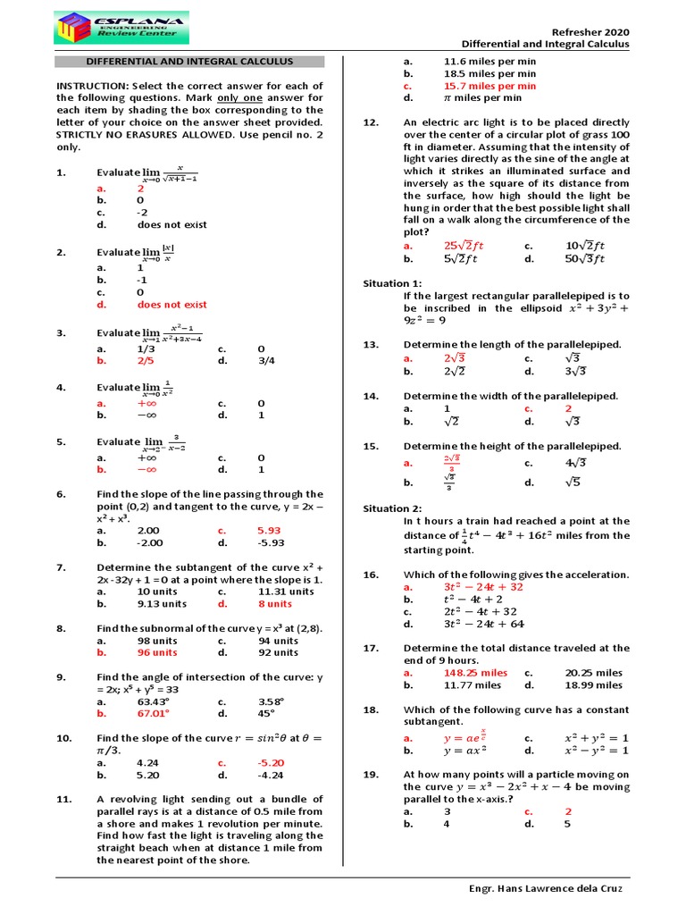 REFRESHER (Differential-and-Integral-Calculus-with-answer) | PDF | Area ...