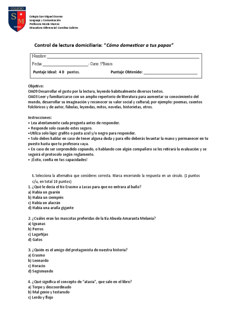 control de lectura 5to básico como domesticar a tus papas | PDF