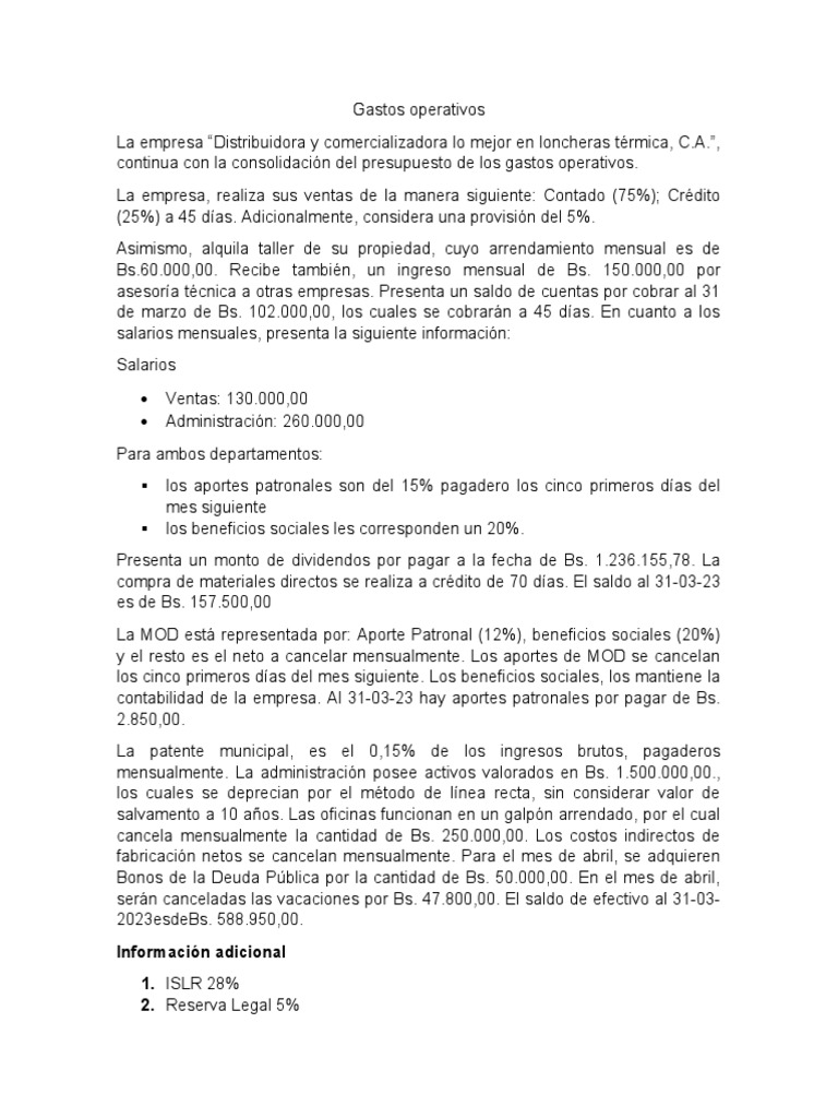 Gastos Operativos | PDF | Presupuesto | Business