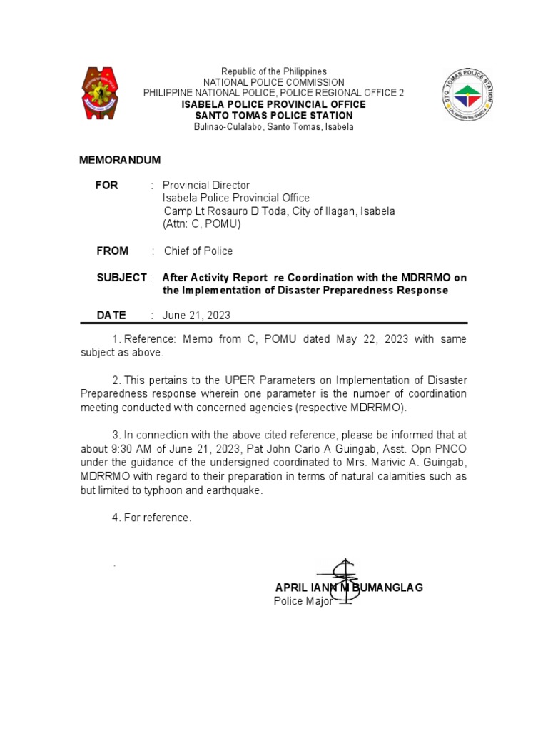 After Activity Report Re Coordination With The MDRRMO On The ...