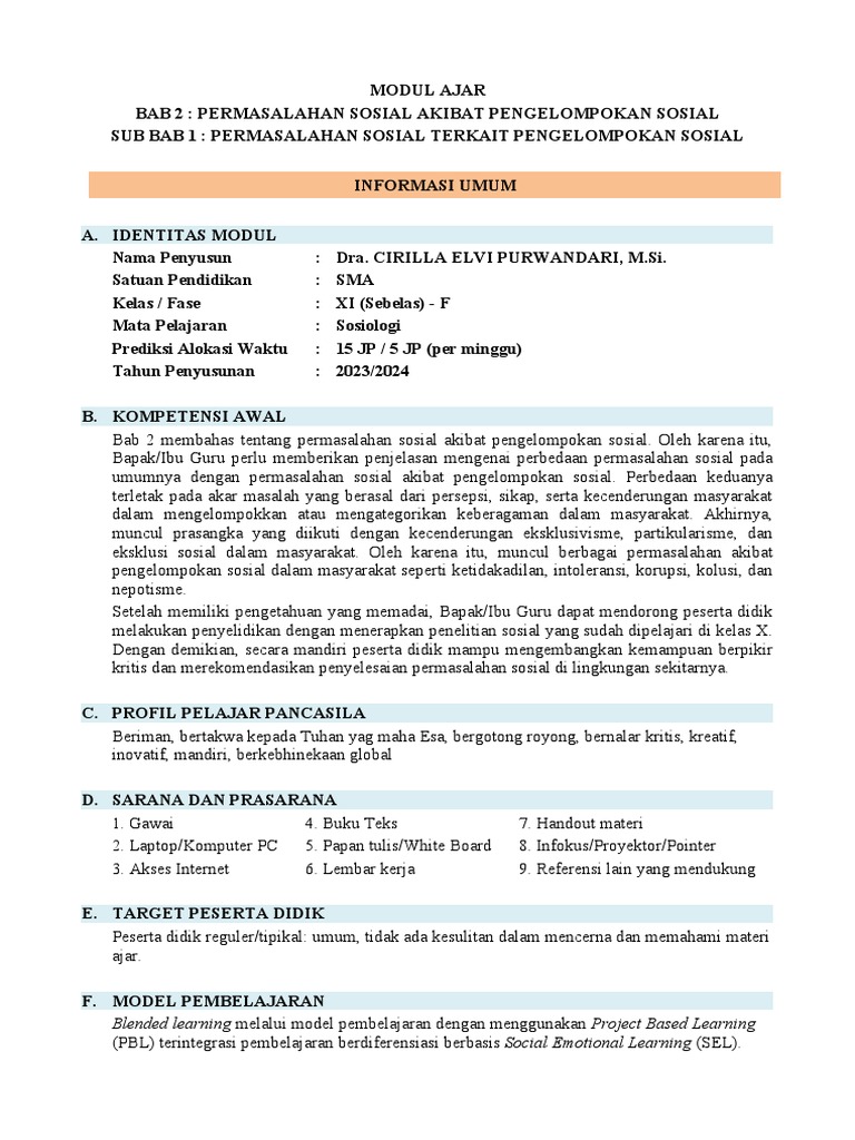 Modul Ajar Sosiologi 11 Bab 2 - Permasalahan Sosial Akibat Pengelompokan Sosial | PDF