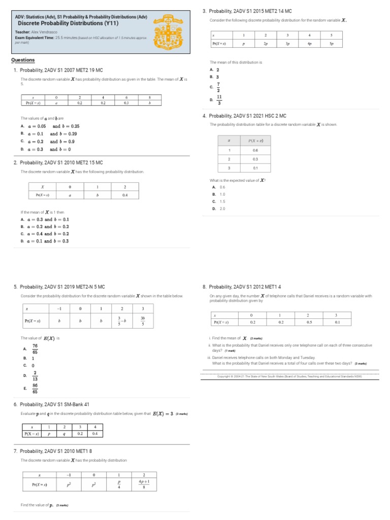 Expected Mean HSC Questions | PDF | Probability Distribution | Random ...
