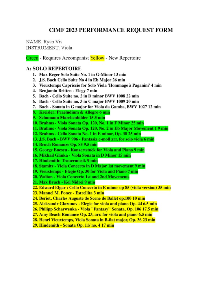 Performance Request Form CIMF 2023 | PDF | Viola | String Quartet