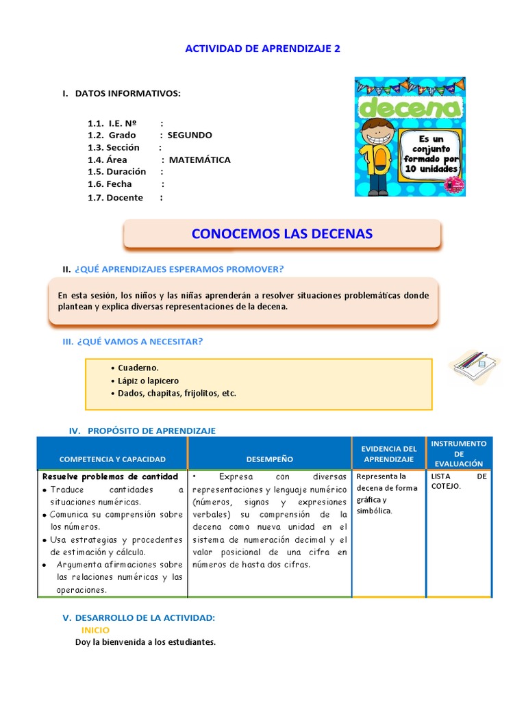 D2 A1 SESION MAT conocemos la decena 2do grado | PDF | Evaluación | Ciencia cognitiva