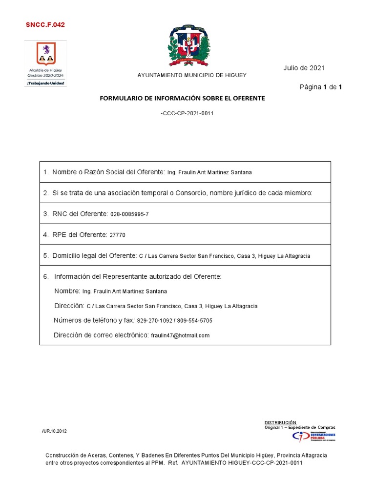 Información del Oferente: Ing. Fraulin Martinez | PDF