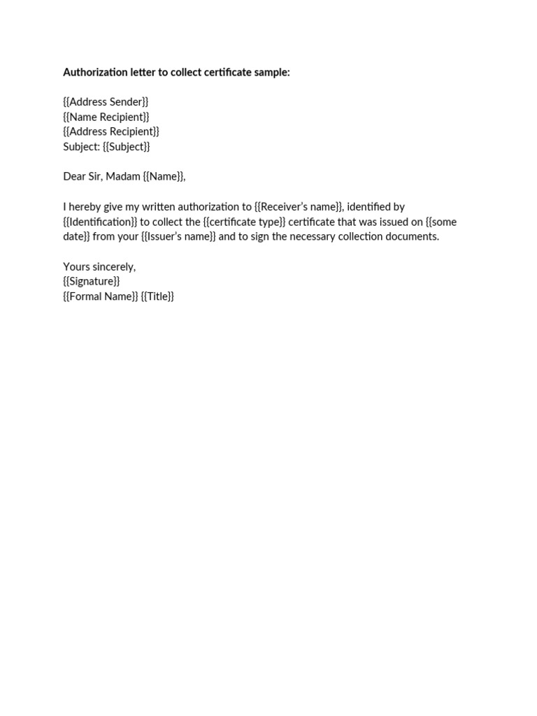 Authorization Letter to Collect Certificate Sample | PDF