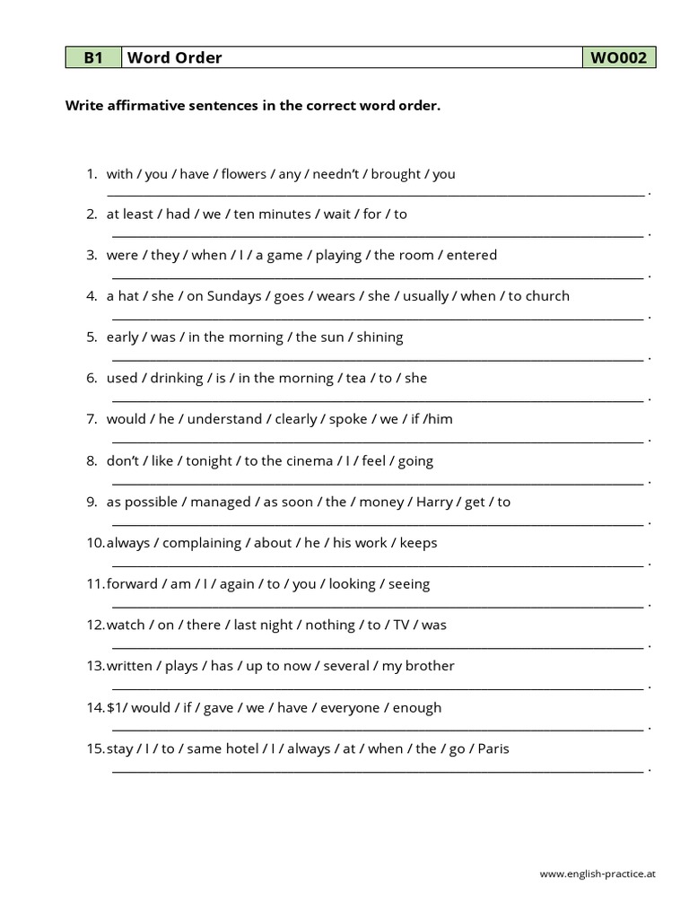B1 Word Order WO002: Write Affirmative Sentences in The Correct Word ...