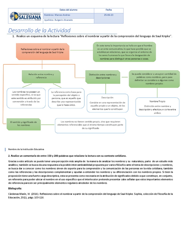 Bulgarin Alvarado PCJR U1 Realice Un Esquema de La Lectura "Reflexiones Sobre El Nombrar A ...