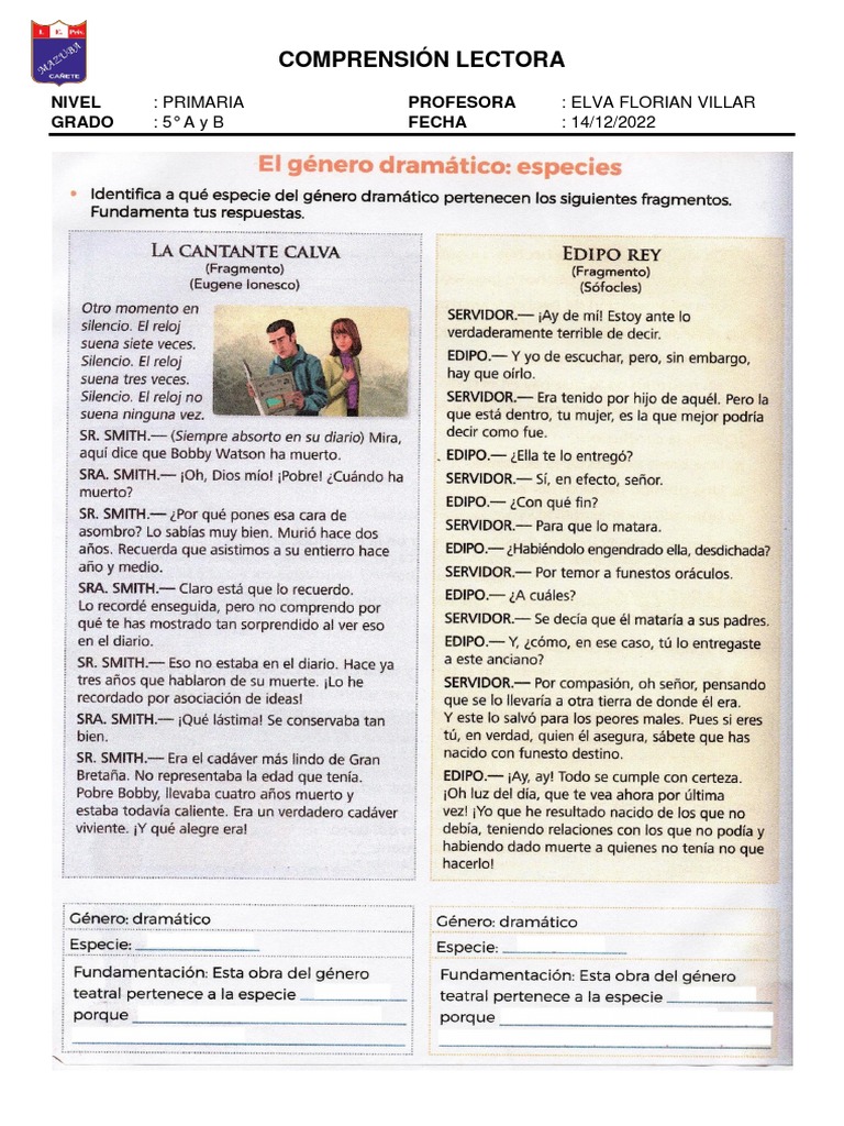 COMPRENSIÓN LECTORA-5to Genero Dramatico | PDF