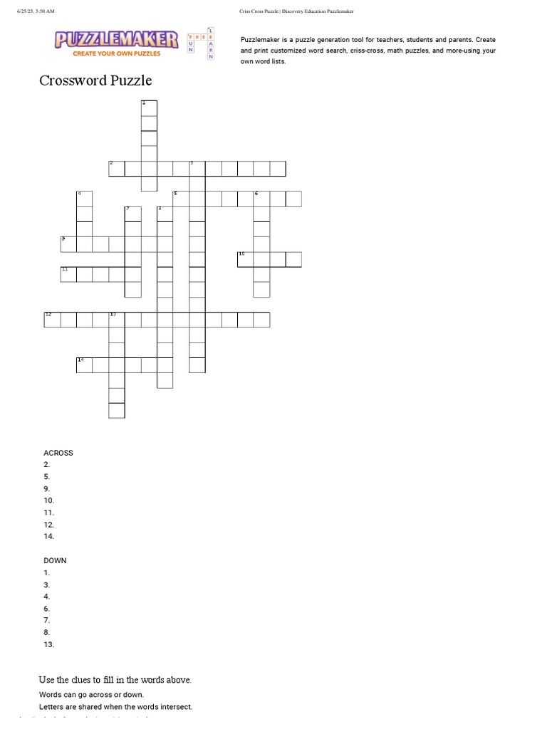 Criss Cross Puzzle - Discovery Education Puzzlemaker | PDF