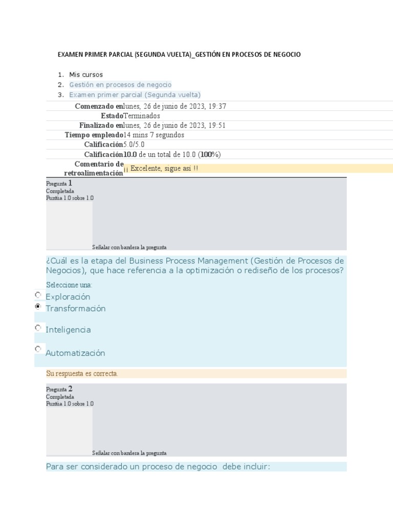 Examen Primer Parcial (Segunda Vuelta) - Gestión en Procesos de Negocio | PDF | Procesos de ...
