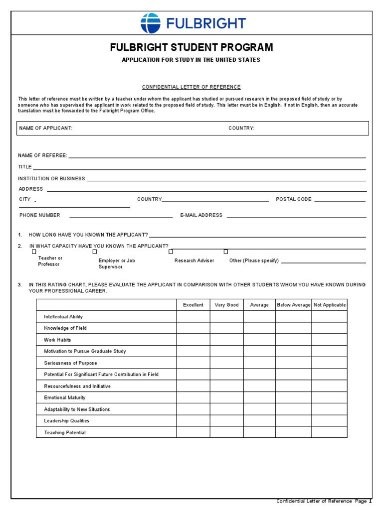 Fulbright Letter of Reference Form in MS Word Format | PDF | Leadership ...