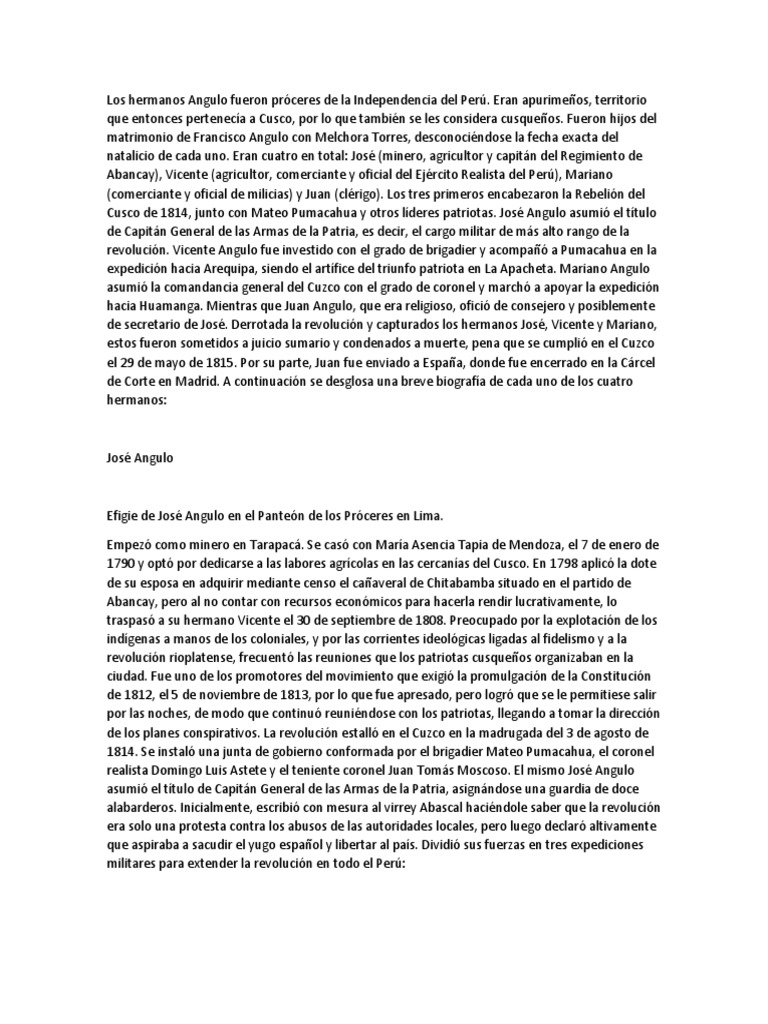 Los Hermanos Angulo Fueron Próceres de La Independencia Del Perú | PDF