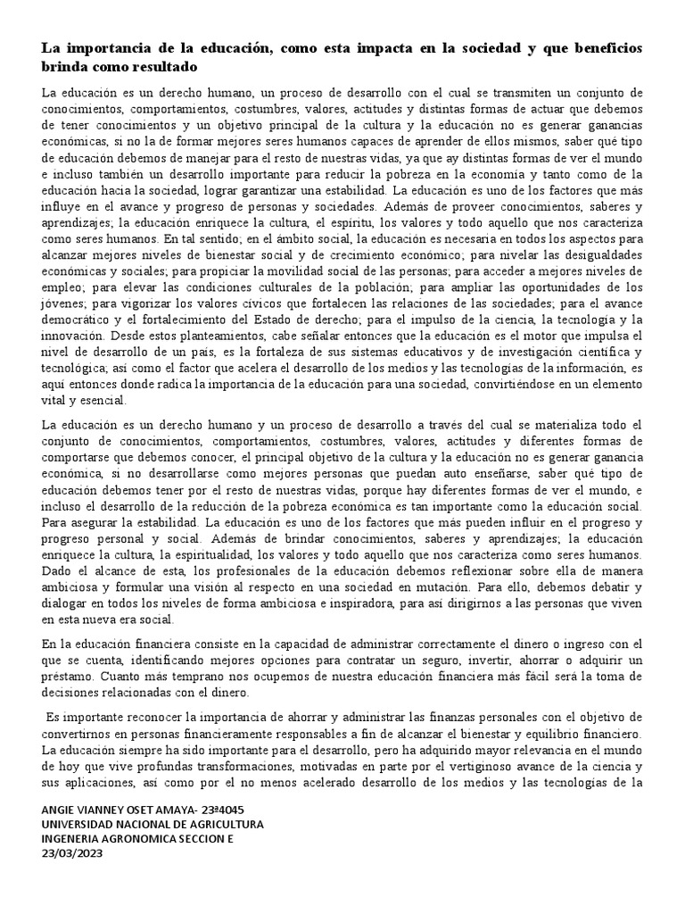Ensayo de La Importancia de La Educacion y El Impacto Social y Los Beneficios | PDF | Sociedad ...