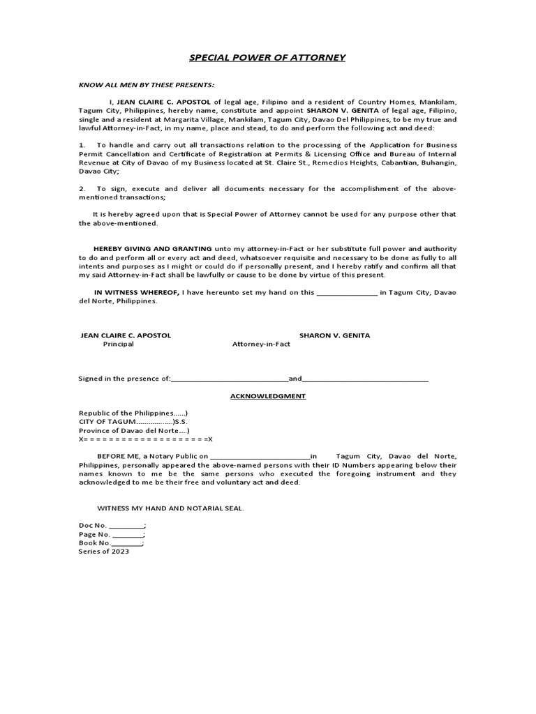 Special Power of Attorney - Bus. Reg | PDF | Power Of Attorney | Notary ...