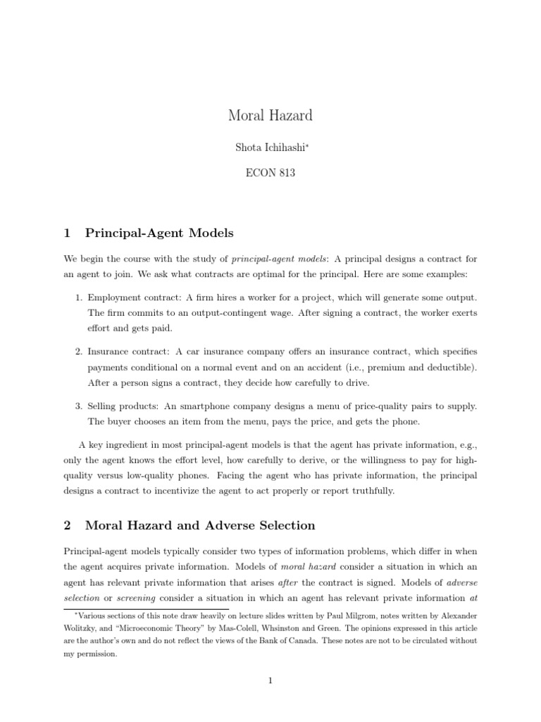 Lecture 1 Moral Hazard (Note) | PDF | Pareto Efficiency | Mathematical ...
