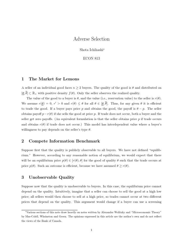 Adverse Selection in Market Dynamics | PDF | Economic Equilibrium ...