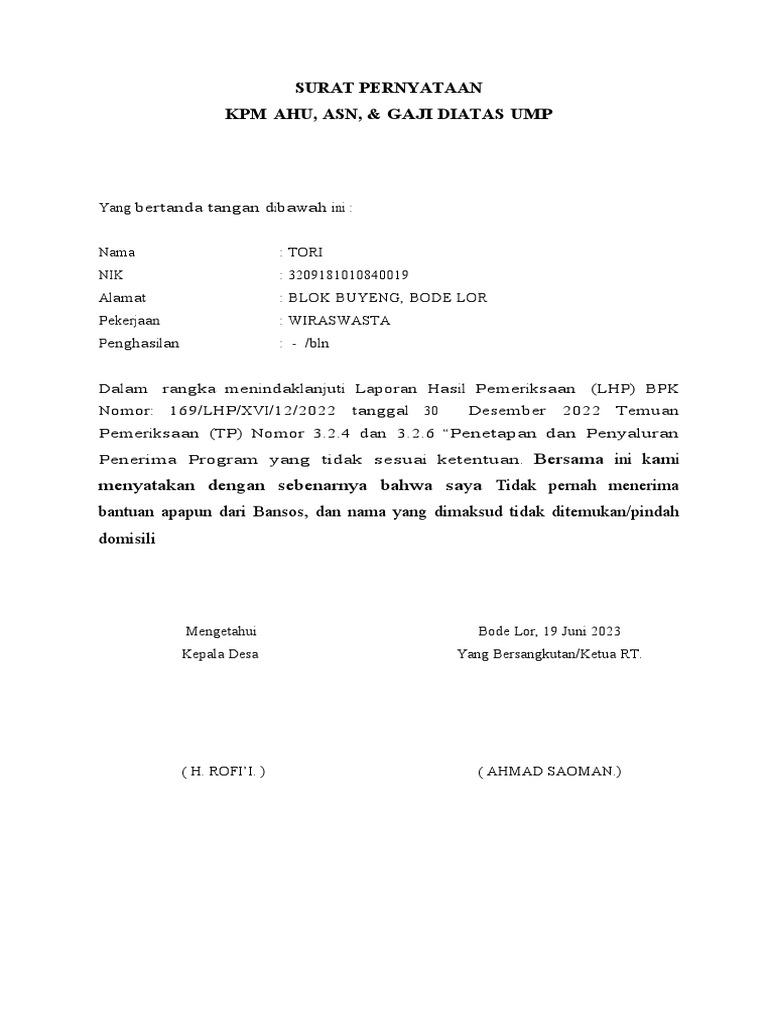 Surat Pernyataan BPK | PDF