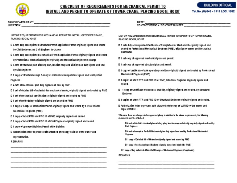 (Pasig) Requirements For Mechanical Permit To Install of Tower Crane ...