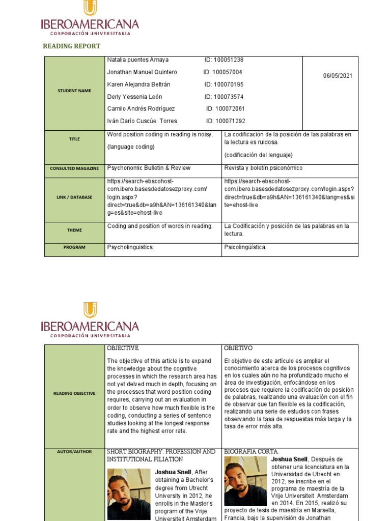 Formato Reading Report Psicolinguistica | PDF | Ciencia cognitiva ...