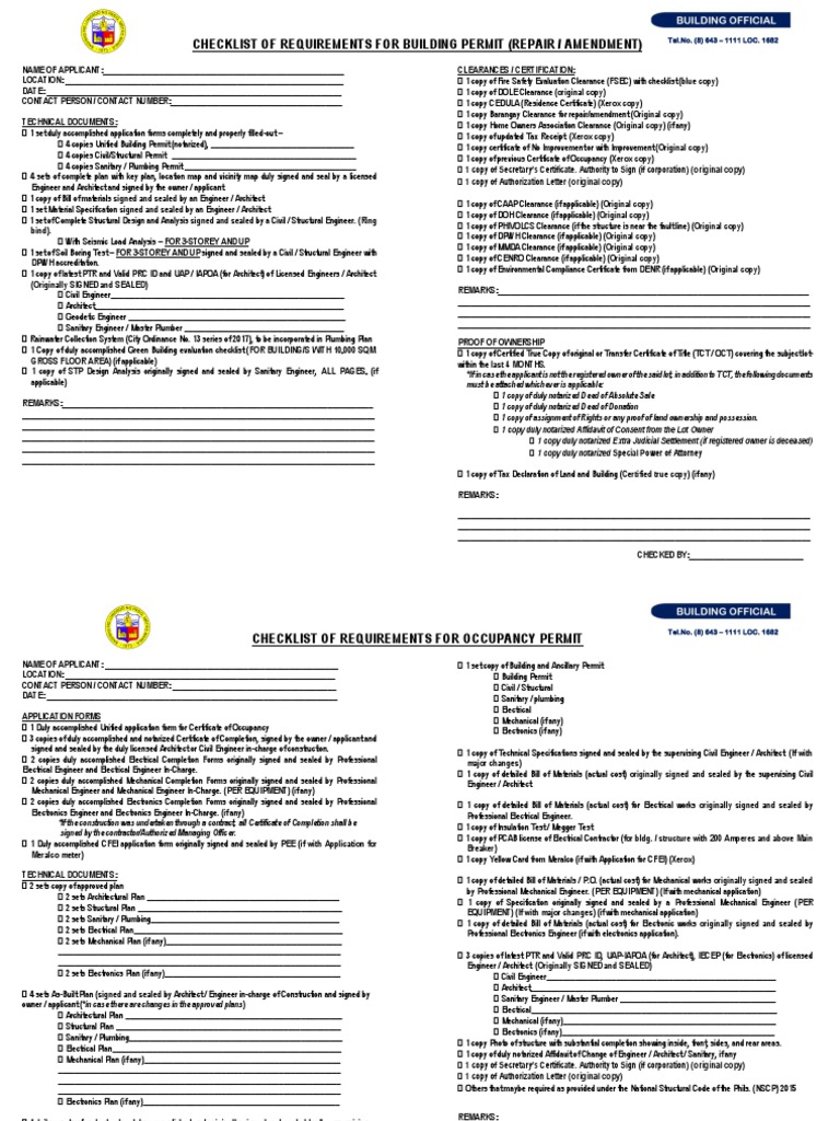 Checklist of requirements for building permit and occupancy (repair and ...