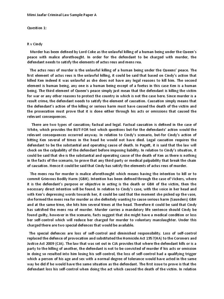 Criminal Law Sample Paper A | PDF | Mens Rea | Causation (Law)