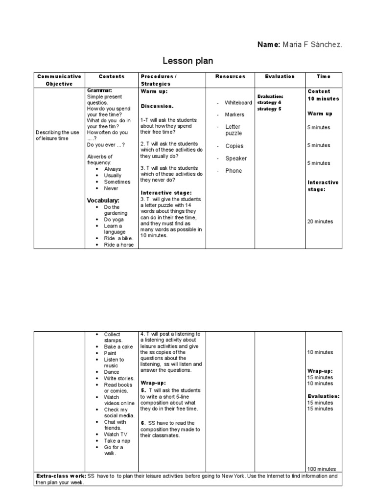Lesson Plan Leisure Time | PDF | Lesson Plan | Communication