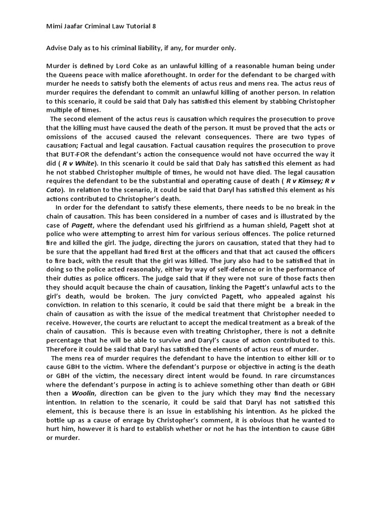 Criminal Law Tutorial Week 8 | PDF | Causation (Law) | Morality