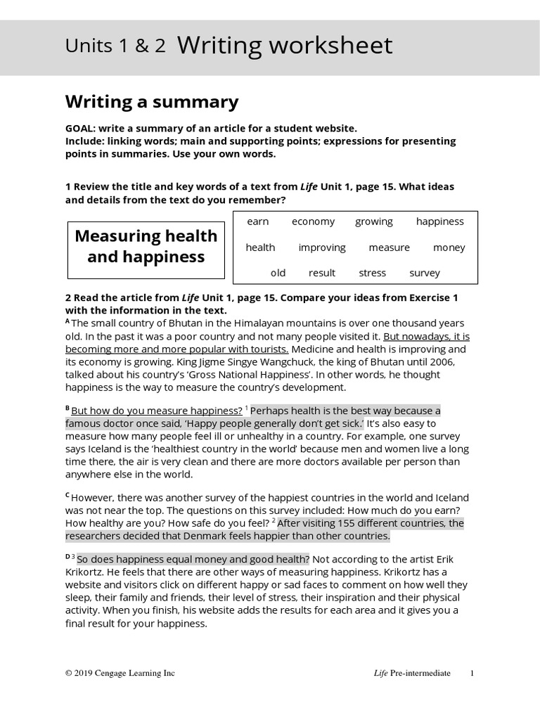 Life Pre-Intermediate Writing Worksheet Units 1&2 | PDF | Happiness