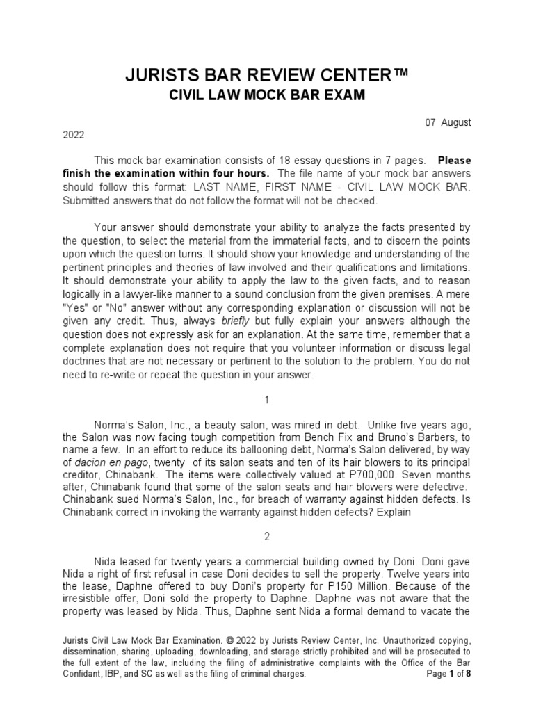 Jurists Civil Law Mock Bar Examination | PDF | Complaint | Mortgage Loan Jurists Civil Law Mock Bar Examination | PDF | Complaint | Mortgage Loan